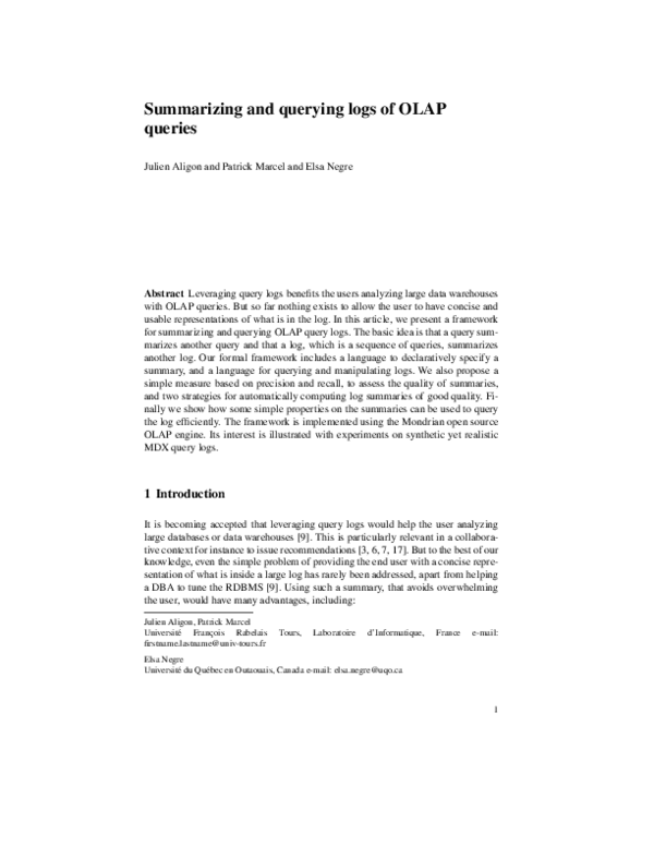 Pdf Summarizing And Querying Logs Of Olap Queries E Negre