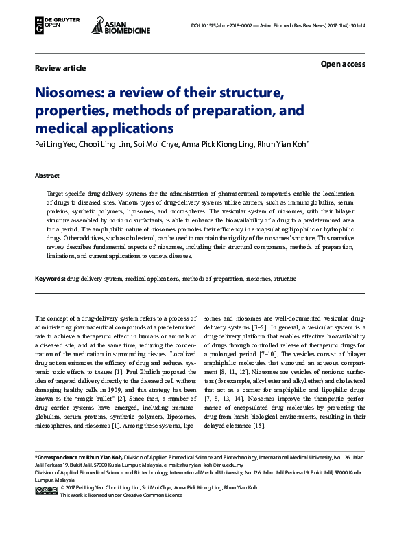(PDF) Niosomes: a review of their structure, properties, methods of ...