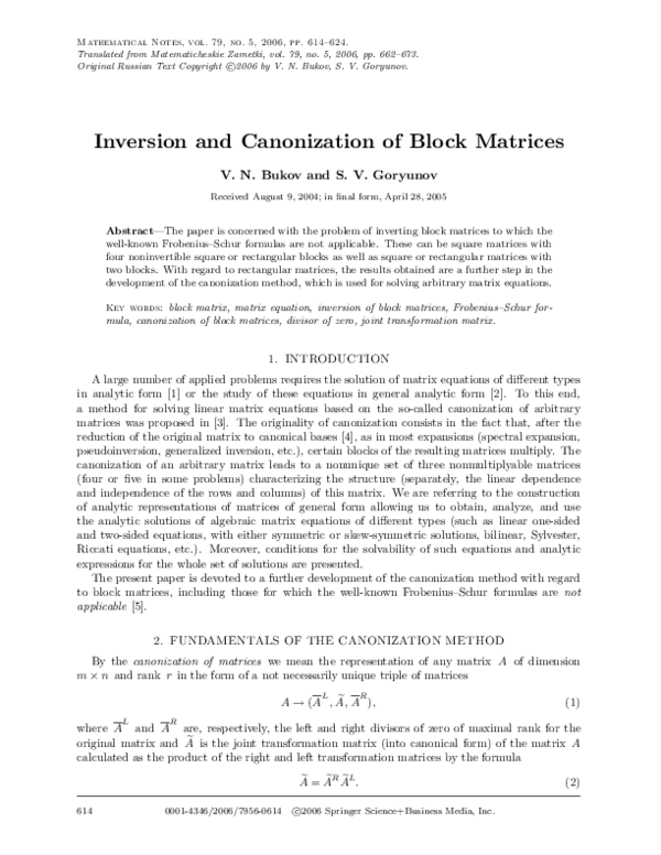 (PDF) Inversion and canonization of block matrices