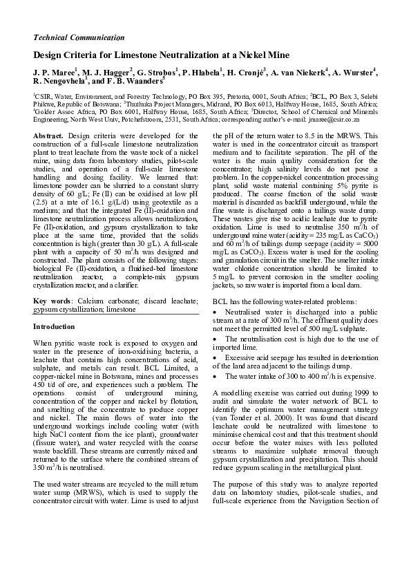(PDF) Design Criteria for Limestone Neutralization at a Nickel Mine
