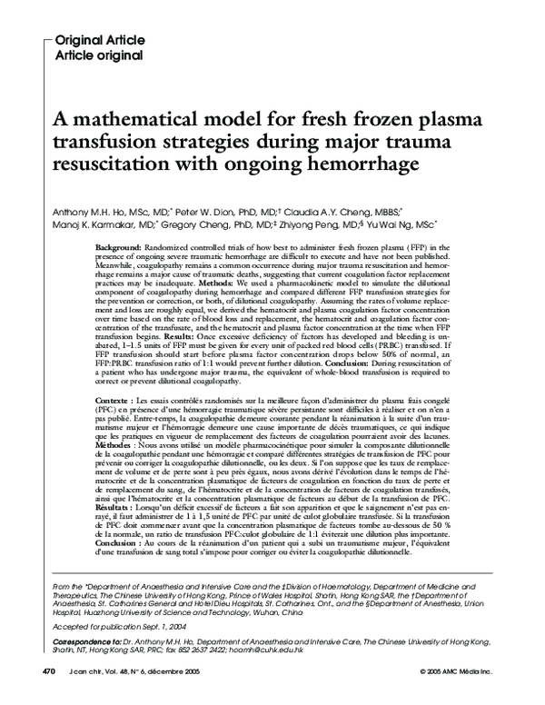 (PDF) A mathematical model for fresh frozen plasma transfusion ...