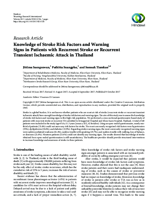 (PDF) Knowledge of stroke risk factors and warning signs in Ireland ...