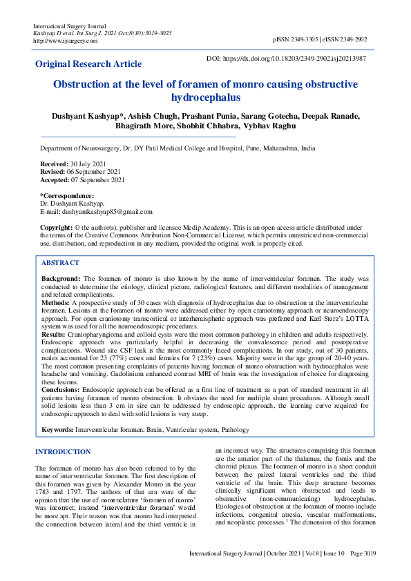 (PDF) Obstruction at the level of foramen of monro causing obstructive ...