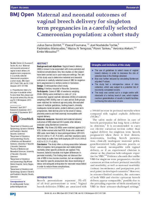 Pdf Comparison Of Perinatal Outcome Of Breech Presentation Between