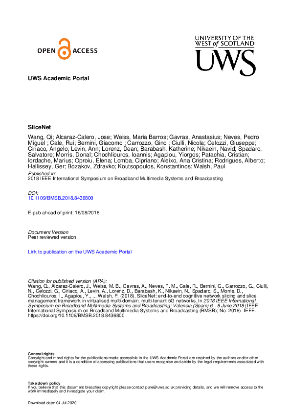 Pdf Slicenet End To End Cognitive Network Slicing And Slice Management Framework In