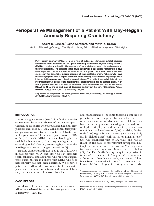 (PDF) Perioperative management of a patient with May-Hegglin anomaly ...
