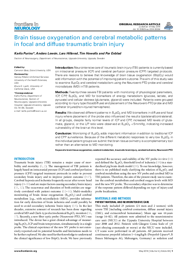 (PDF) Brain Tissue Oxygenation and Cerebral Metabolic Patterns in Focal and Diffuse Traumatic ...