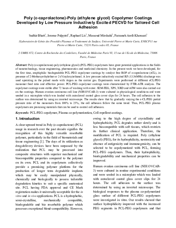 (PDF) Poly (ε-caprolactone)-Poly (ethylene glycol) Copolymer Coatings Developed by Low Pressure ...