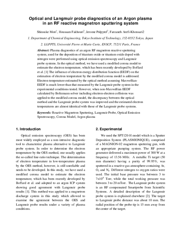 (PDF) Optical and Langmuir probe diagnostics of an Argon plasma in an RF reactive magnetron ...