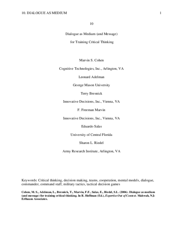 (PDF) Dialogue as Medium (and Message) for Training Critical Thinking ...