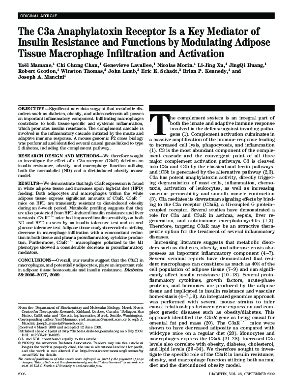 (PDF) The C3a anaphylatoxin receptor is a key mediator of insulin ...