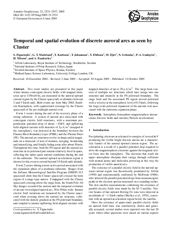 (PDF) Temporal and spatial evolution of discrete auroral arcs as seen by Cluster