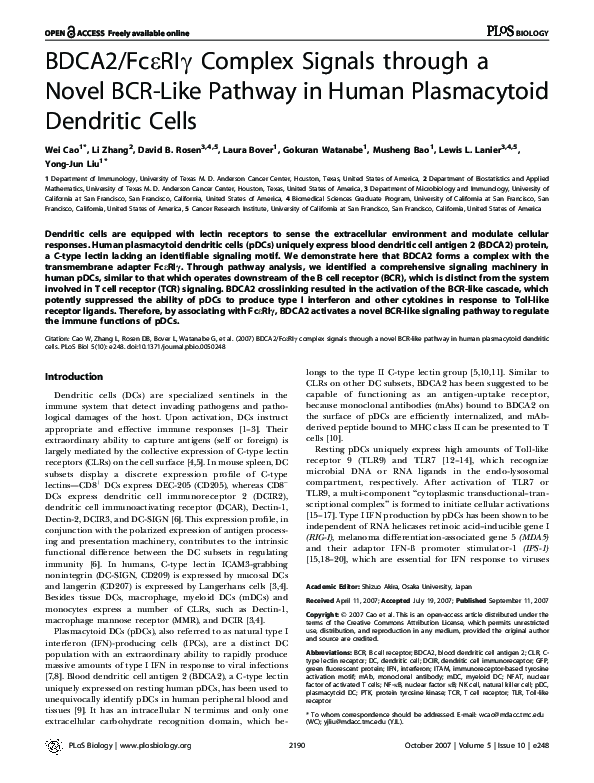 (PDF) BDCA2/Fc RI complex signals through a novel BCR-like pathway in ...