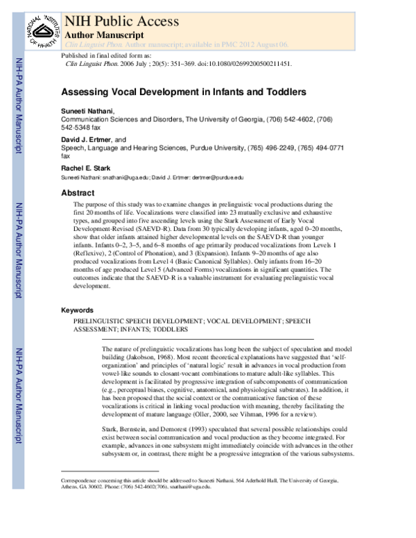 (PDF) Assessing vocal development in infants and toddlers