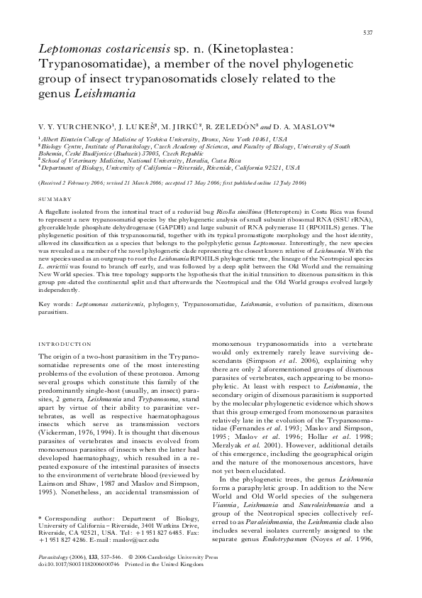 (PDF) Leptomonas costaricensis sp. n. (Kinetoplastea: Trypanosomatidae ...