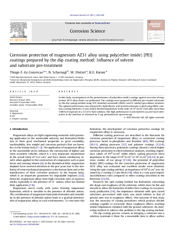 (PDF) Corrosion protection of magnesium AZ31 alloy using poly(ether imide) [PEI] coatings ...