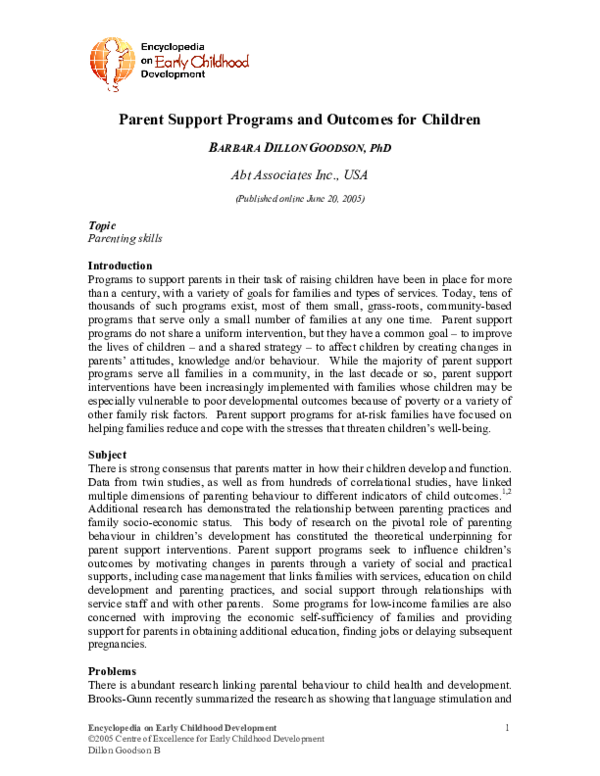 (PDF) Parent support programs and outcomes for children | Barbara ...