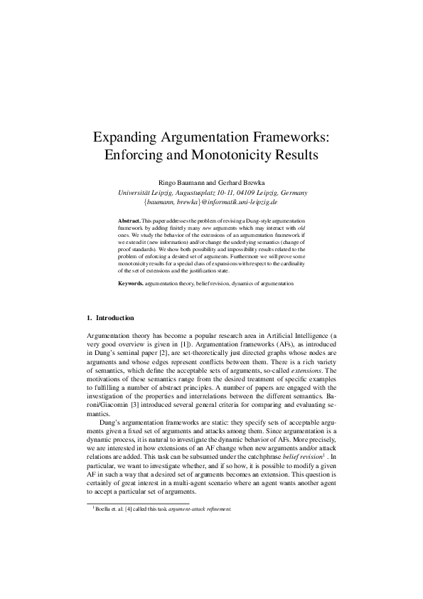 (PDF) Expanding Argumentation Frameworks: Enforcing and Monotonicity Results