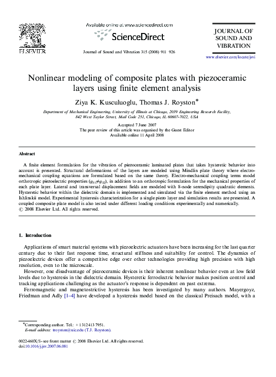 Pdf Nonlinear Modeling Of Composite Plates With Piezoceramic Layers