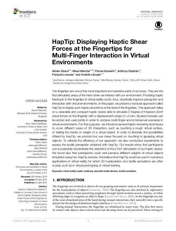 Pdf Haptip Displaying Haptic Shear Forces At The Fingertips For