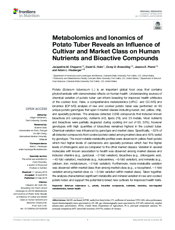 (PDF) Metabolomics and Ionomics of Potato Tuber Reveals an Influence of ...