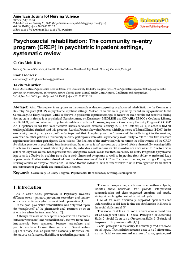 (PDF) Psychosocial Rehabilitation: The Community Re-Entry Program (CREP ...