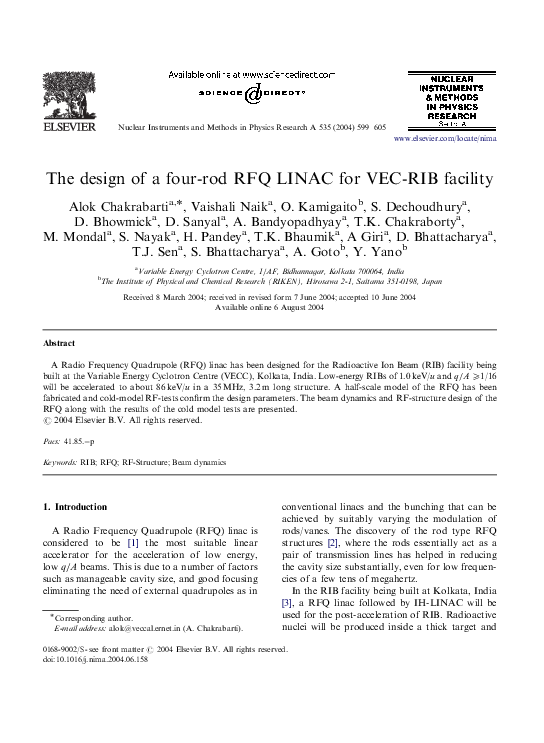(PDF) The design of a four-rod RFQ LINAC for VEC-RIB facility