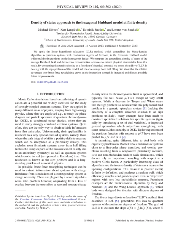 Pdf Density Of States Approach To The Hexagonal Hubbard Model At Finite Density Lorenz Von