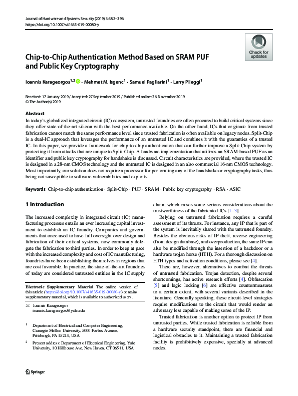 (PDF) Chip-to-Chip Authentication Method Based on SRAM PUF and Public ...