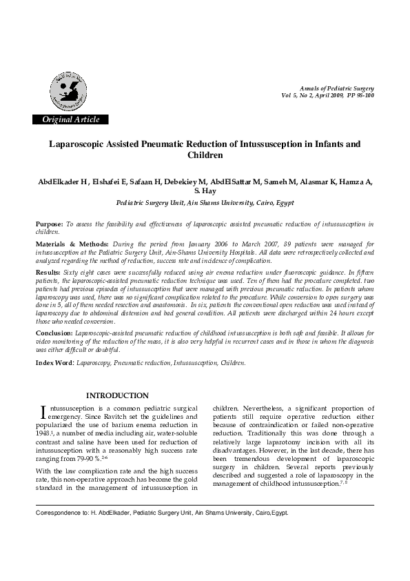 (PDF) Laparoscopic-assisted pneumatic reduction of intussusception