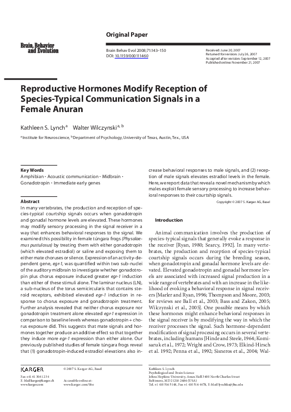 (PDF) Reproductive Hormones Modify Reception of Species-Typical ...