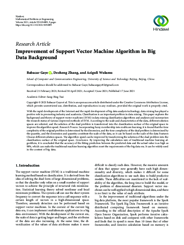 Pdf Improvement Of Support Vector Machine Algorithm In Big Data