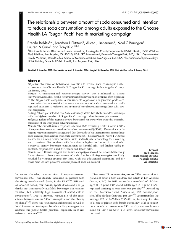 (PDF) The relationship between amount of soda consumed and intention to ...