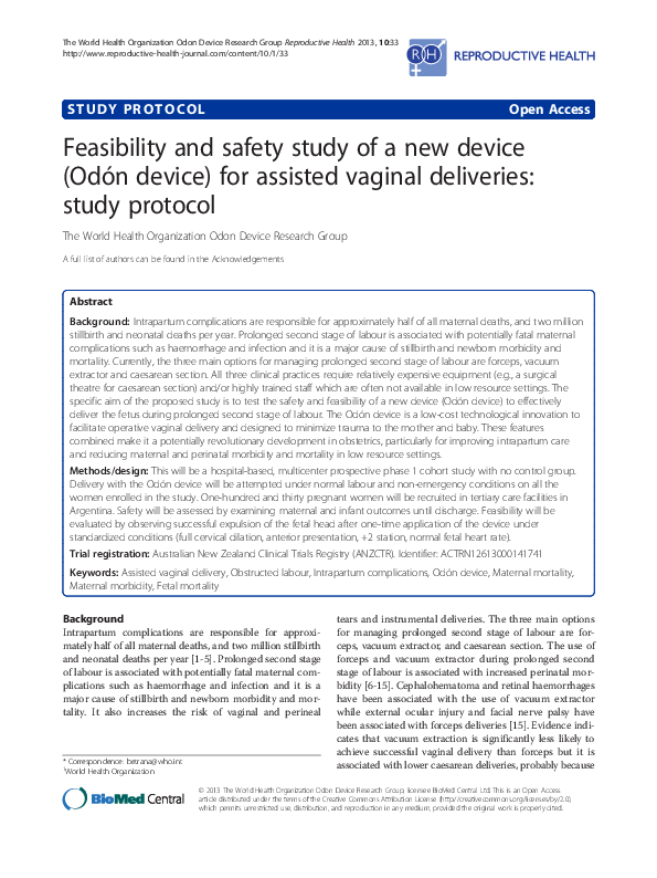 (PDF) Feasibility and safety study of a new device (Odón device) for ...