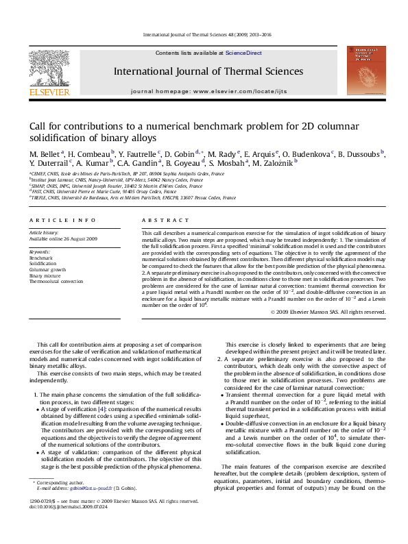 (PDF) Call for contributions to a numerical benchmark problem for 2D columnar solidification of ...