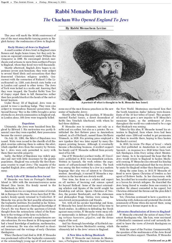 (PDF) Rabbi Menashe Ben Israel The Chacham Who Opened England to the Jews