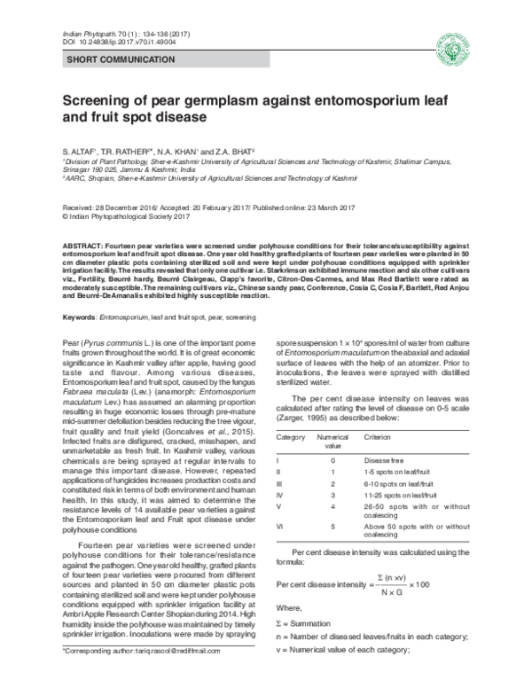 (PDF) Screening of Pear Germplasm against Entomosporium Leaf and Fruit ...