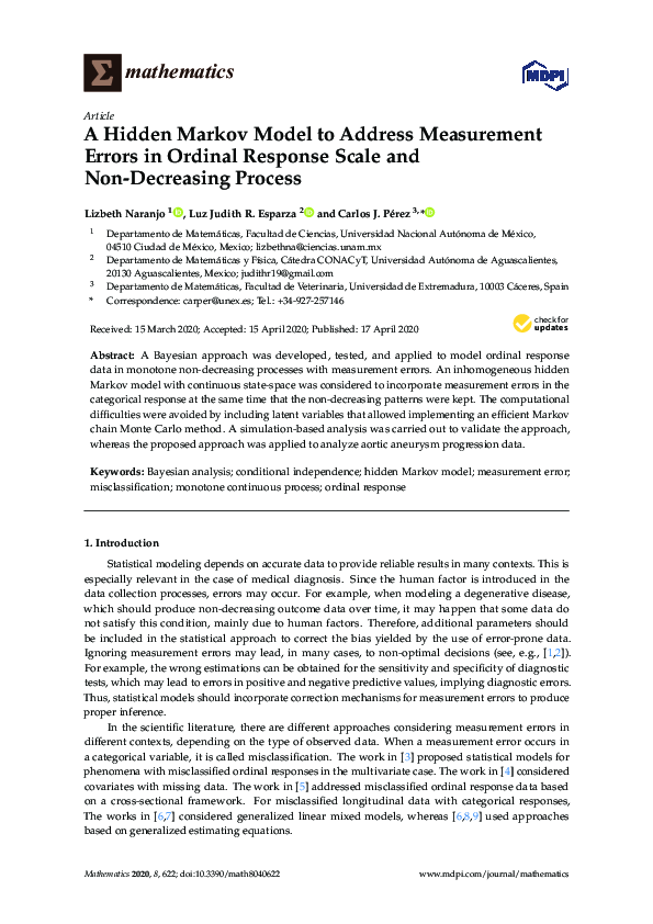 (PDF) A Hidden Markov Model to Address Measurement Errors in Ordinal Response Scale and Non ...