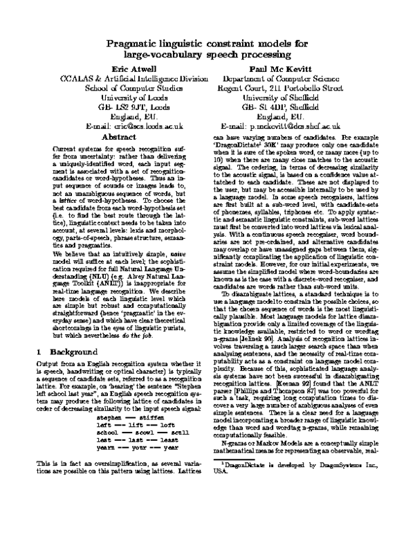 (PDF) Pragmatic Linguistic Constraint Models for Large-Vocabulary Speech Processing