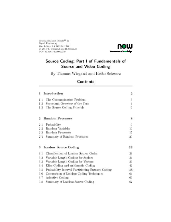 Pdf Source Coding Part I Of Fundamentals Of Source And Video Coding Heiko Schwarz