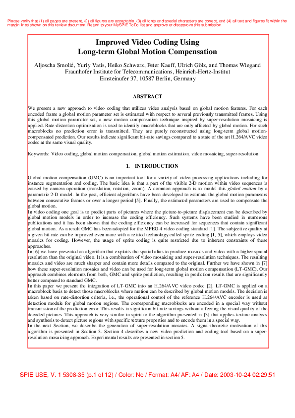 (PDF) Improved video coding using long-term global motion compensation