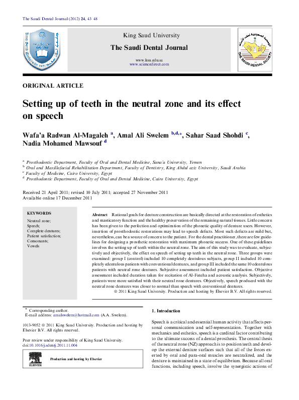 (PDF) Setting up of teeth in the neutral zone and its effect on speech