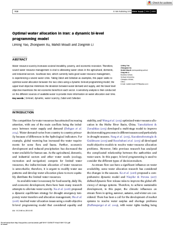Pdf Optimal Water Allocation In Iran A Dynamic Bi Level Programming