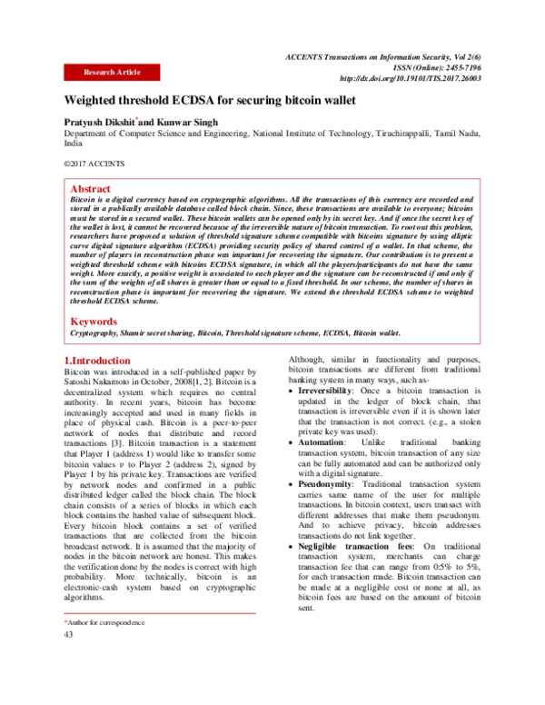 (PDF) Weighted threshold ECDSA for securing bitcoin wallet