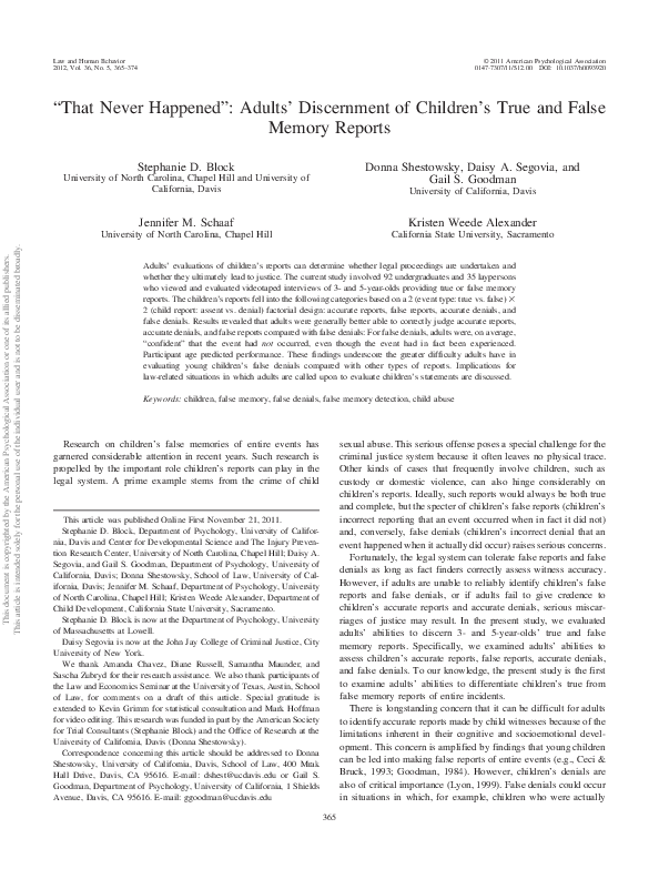 (PDF) “That never happened”: Adults' discernment of children's true and ...