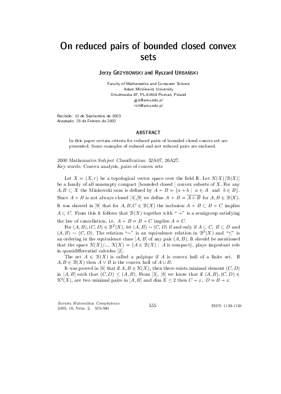 (PDF) On reduced pairs of bounded closed convex sets