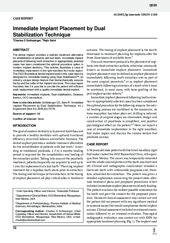(PDF) Immediate Implant Placement by Dual Stabilization Technique