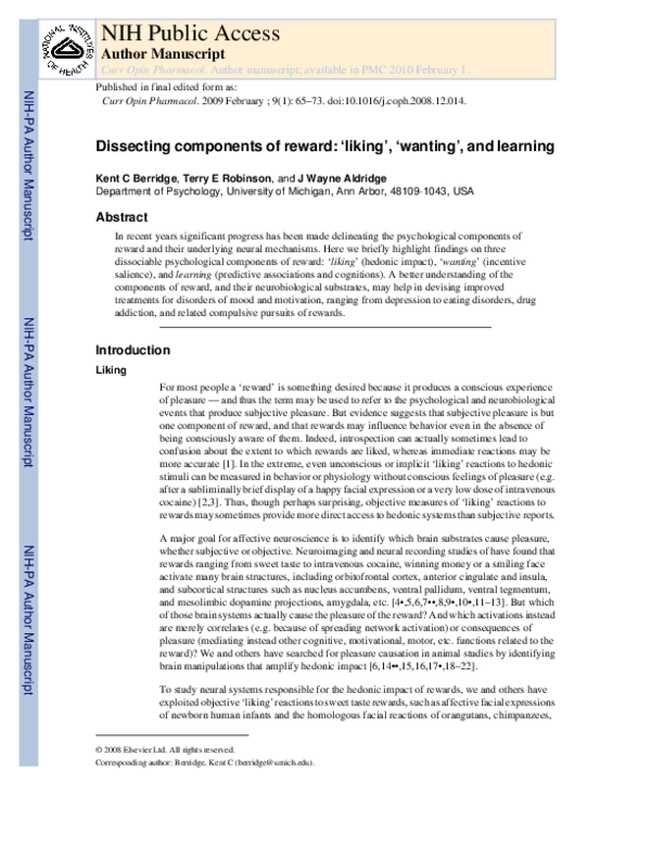 (PDF) Dissecting components of reward: ‘liking’, ‘wanting’, and learning