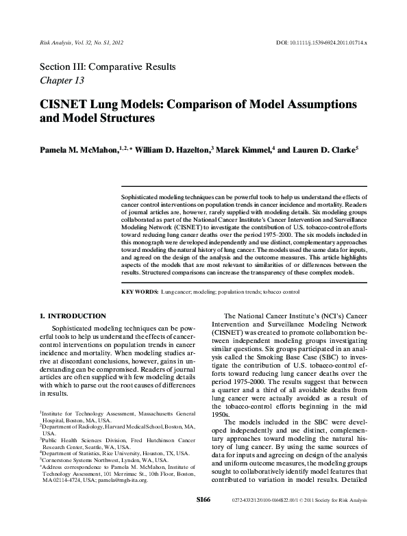 (PDF) Chapter 13: CISNET Lung Models: Comparison of Model Assumptions ...