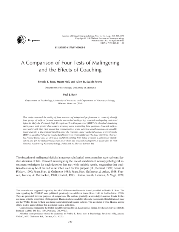 (PDF) A Comparison of Four Tests of Malingering and the Effects of Coaching